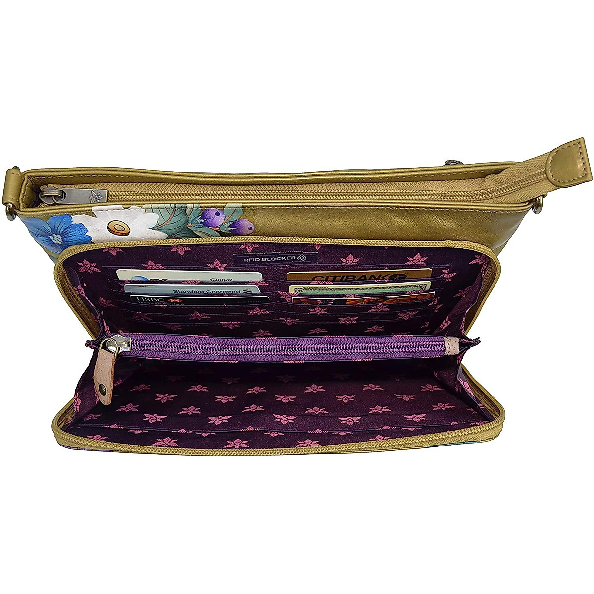 Anuschka Women’s Genuine Leather Shoulder Organiser - Hand Painted Exterior - Dreamy Floral