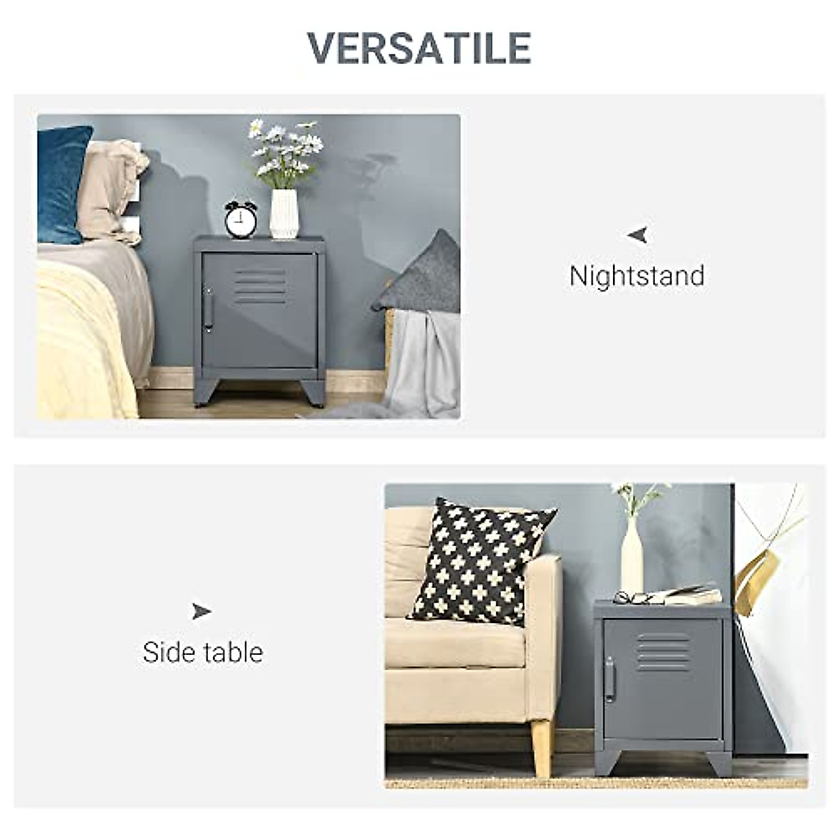 HOMCOM Industrial End Table, Living Room Side Table with Locker-Style Door and Adjustable Shelf, Grey