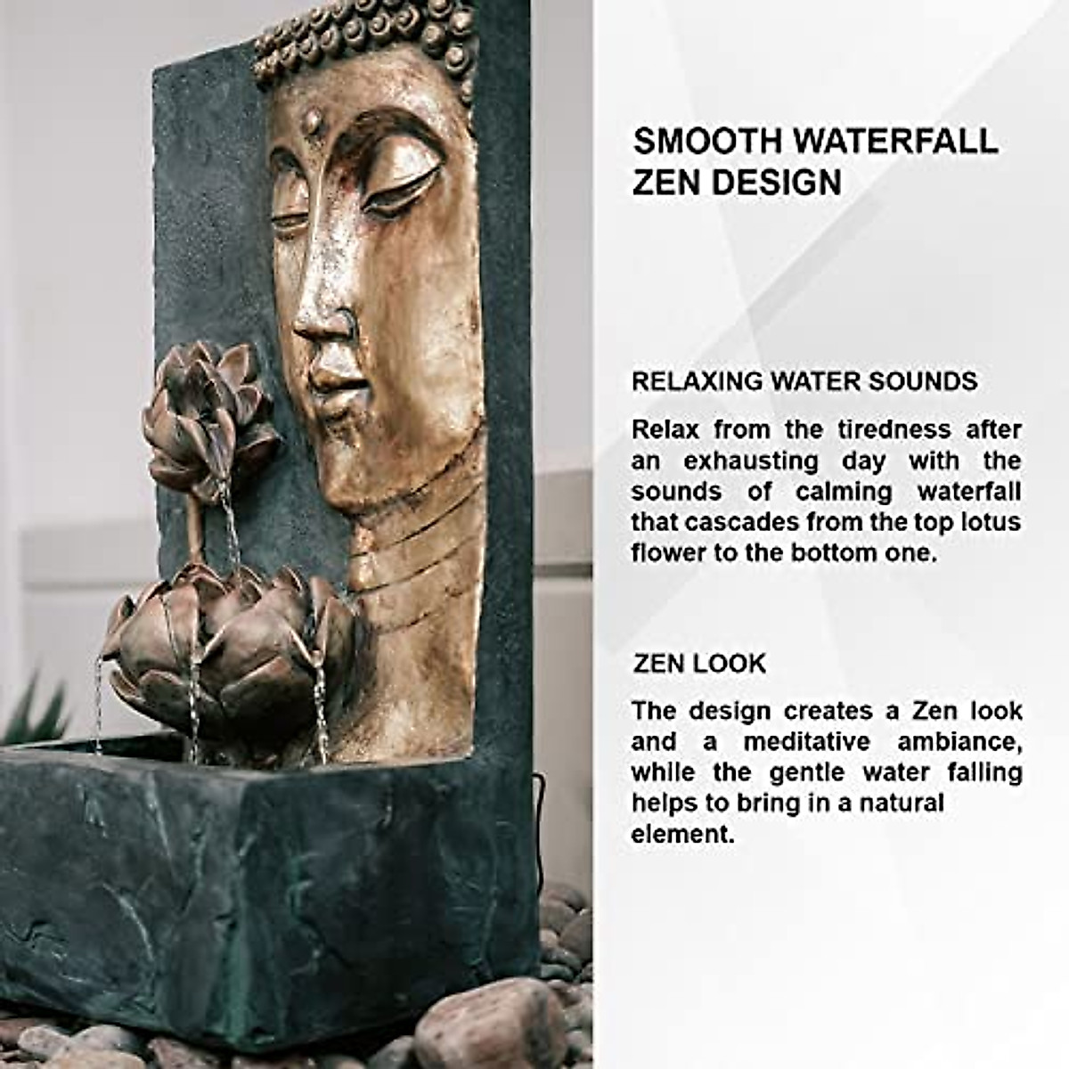 XBrand 30" H Bronze and Natural Grey Polyresin Indoor Outdoor Cascading Lotus Buddha Face Water Fountain w/LED Light, Freestanding, Relaxing Zen Décor for Home Patio Garden Backyard