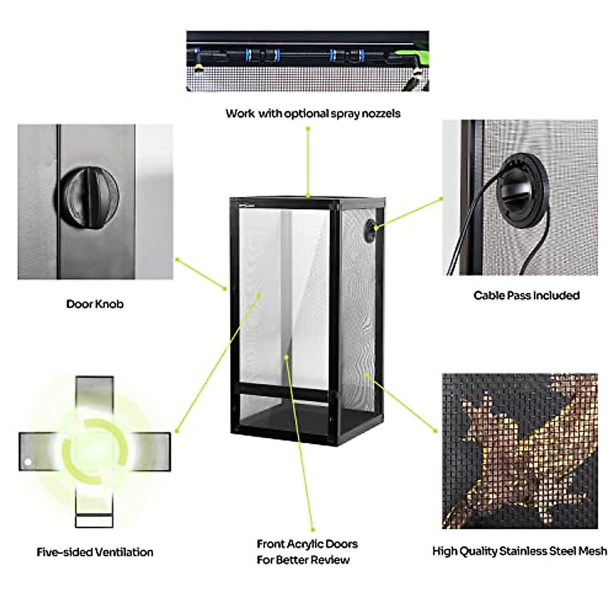 REPTI ZOO Foldable 50 Gallon Reptile Screen Cage, 18" x 18"x 36" Vertical Air Cage Mesh Screen Terrarium with Collapsible Net Side Panels and Acrylic Door, Front Opening Tank for Chameleon