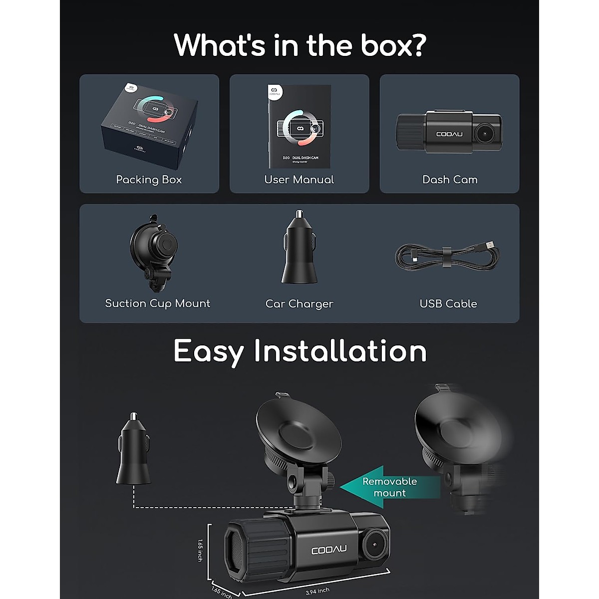 COOAU Dual Dash Cam 2.5K+1080P, Dash Cam Front and Inside, Built-in GPS and WiFi, Dash Camera for Cars, Perfect for Uber and Taxi Drivers, Night Vision, Accident Record, 24Hr Parking Mode