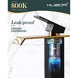 KUZOR 1PC Vessel Sink Faucet Brass Stainless Steel, Tall Bathroom Faucet 1 Hole 5-Minutes Installation - for Bathroom/Vanity/Bowl Sink - 11.26 Inch Height, 24.9 Oz Weight - Matte Black/Shiny Gold