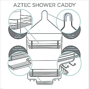 Bath Bliss 2 Tier Linear Hanging Shower Caddy | Bathroom Storage & Organization | Shower Head Hang | Holds Large Bottles | Soap Dish | Accessory Hooks | Grey