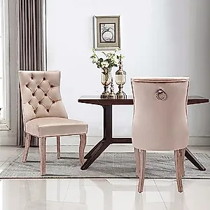 FOREDO Velvet Dining Chairs Set of 2, Upholstered Tufted Dining Chairs with Back Ring Pull Trim and Solid Wood Legs, Tan