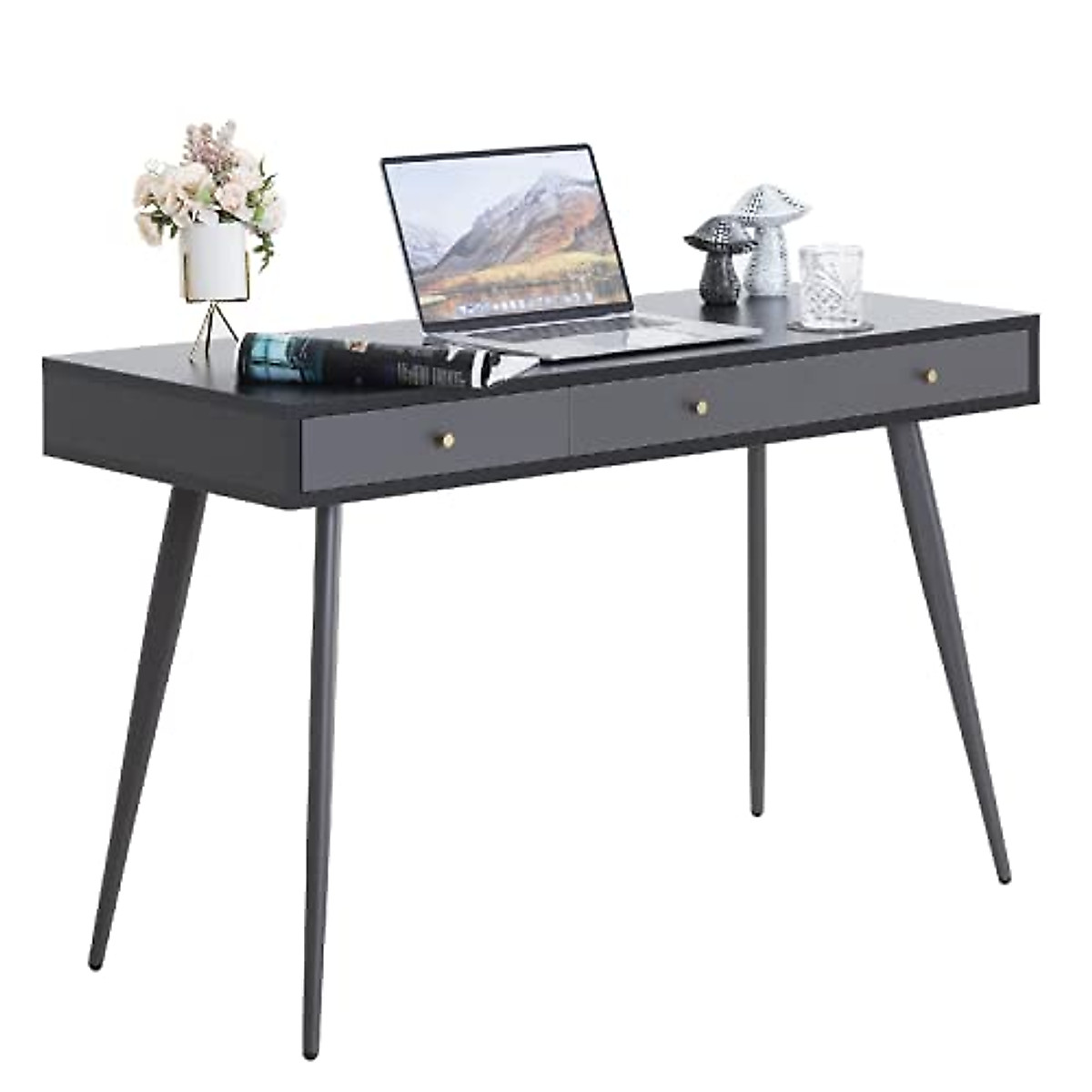 JURMALYN 47" Mid Century Modern Desk with Drawers Black Computer Desk Minimalist Desk with Metal Legs for Home Office, Easy Assembly (Black + Dark Grey)