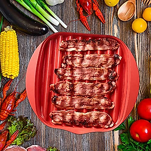 newkaijian Microwave Bacon Tray with Splatter Lid, Safety, Quick and with No Mess, Microwave Bacon Cooker Make Crispy Bacon in few Minutes（red）