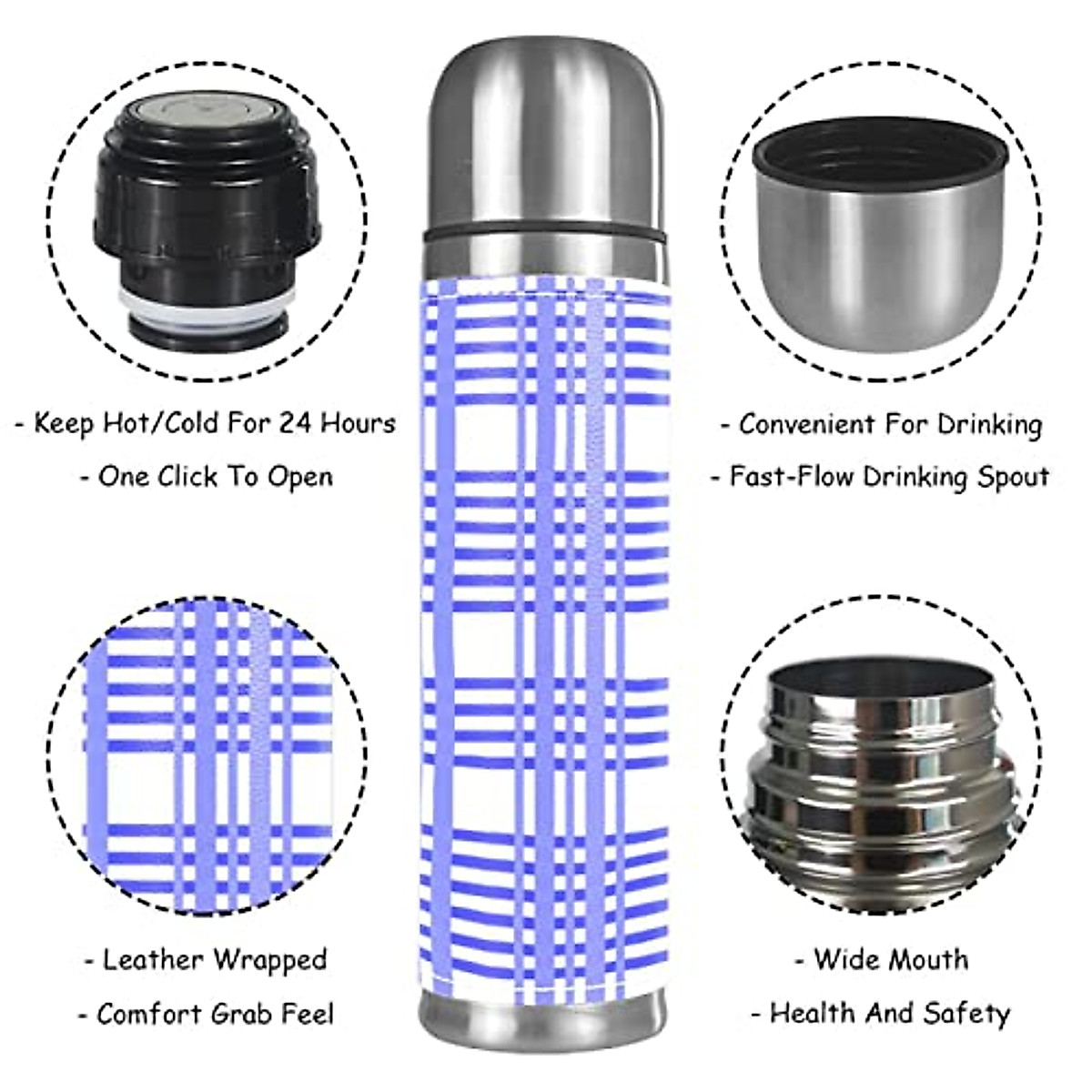 Stainless Steel Leather Vacuum Insulated Mug Purple Plaid Thermos Water Bottle for Hot and Cold Drinks Kids Adults 16 Oz