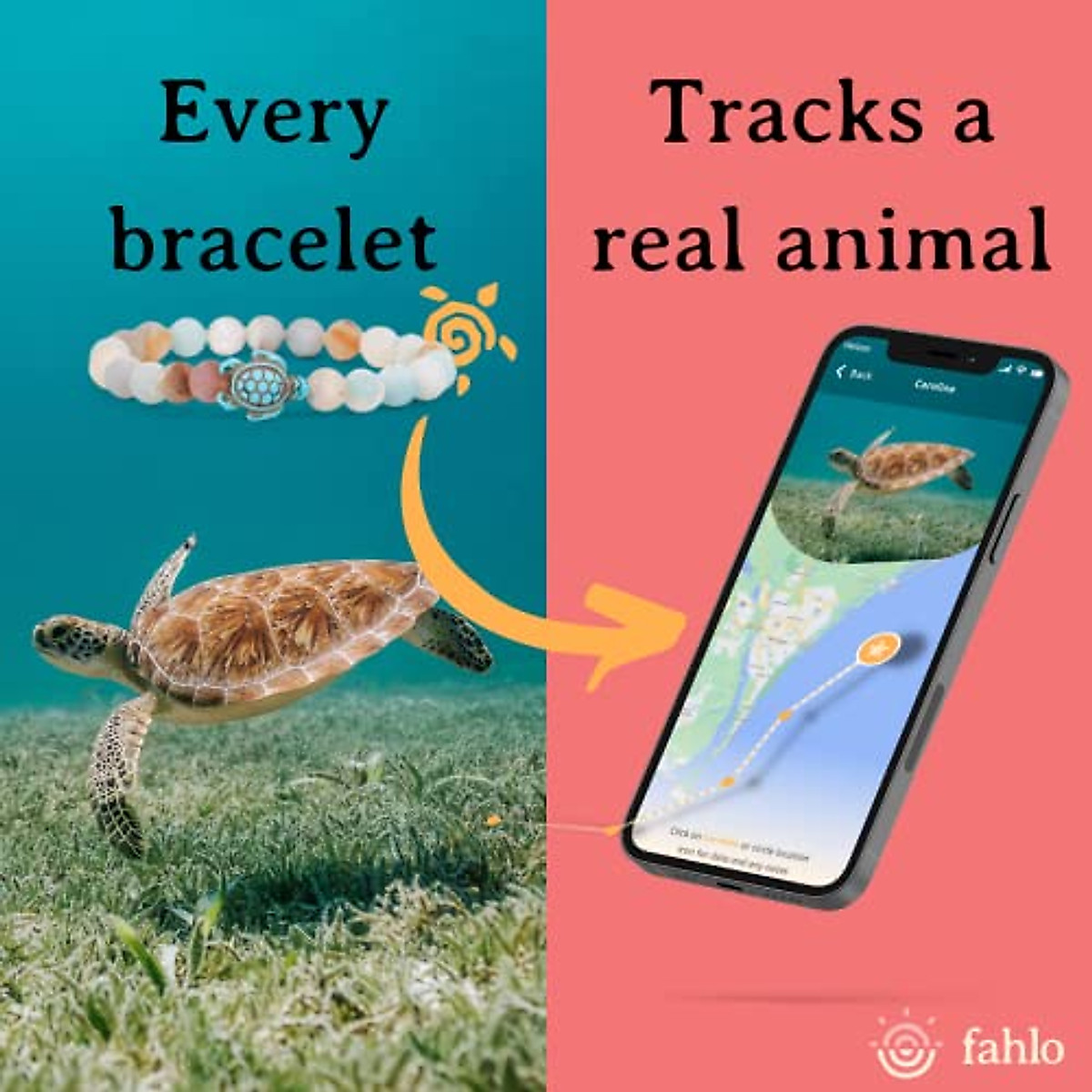 Fahlo Sea Turtle Tracking Bracelet, Elastic, Supports The Sea Turtle Conservancy, one Size fits Most for Men and Women (White Howlite)