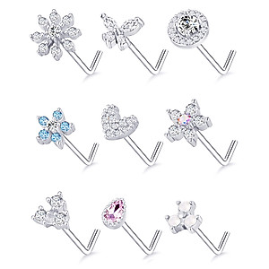 Tornito 9Pcs Nose Rings Stud L Shaped Nose Ring Flower CZ Snowflake Butterfly Screw Nose Stud Body Piercing Jewelry for Women Men 20G Silver Tone