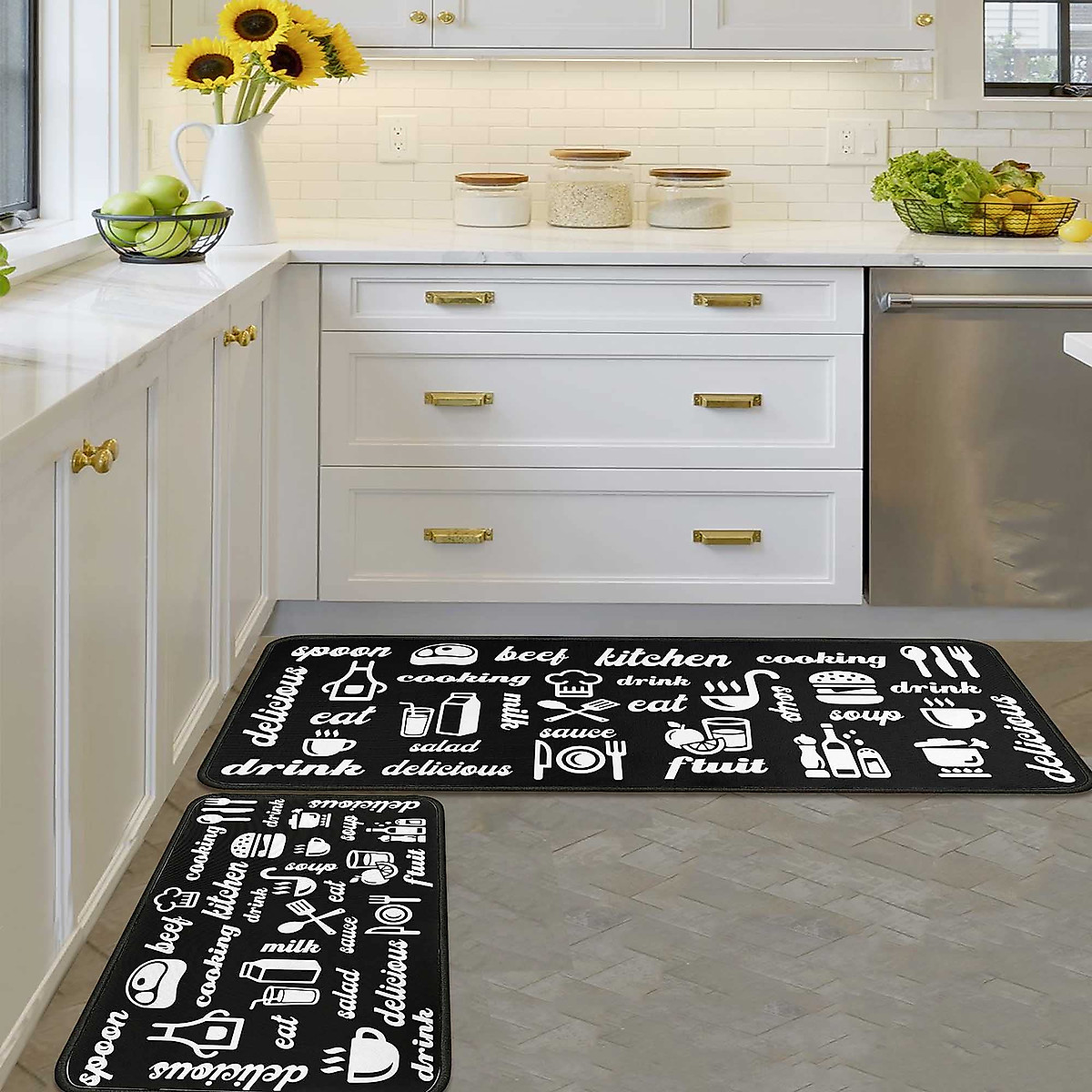 Black Kitchen Rugs Set of 2 - Kitchen Floor Mats Non-Slip Backing - Kitchen Mat Washable Doormat Runner Rug Set for Home Accessories and Decor 17x47.2 and 17x30 inches.