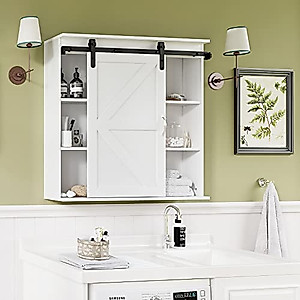 Wood Storage Wall Cabinet,Bathroom Hanging Cabinet with Sliding Barn Door and 3 Tiers Adjustable Shelf, Medicine Cabinet or Farmhouse Storage Wall Cabinet for Kitchen, Bathroom, Living Room,White