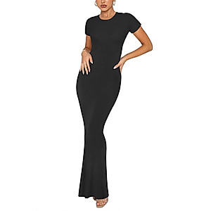 REORIA Women's Summer Sexy Casual Lounge Long Dress Elegant Wedding Guest Short Sleeve Crew Neck Bodycon Maxi Dresses Black X-Large