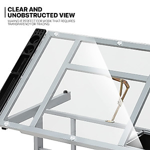 MoNiBloom Drafting Table on Wheels with Storage & Side Tray - Adjustable 0-65° Glass Tabletop, Replaceable Feet Art Desk