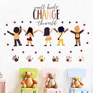 Mfault Inspirational Small Hands Change The World Handprint Wall Decals Stickers, Diversity Inclusion Equality Nursery Decorations Bedroom Playroom Classroom Art, Neutral Toddler Kids Room Decor