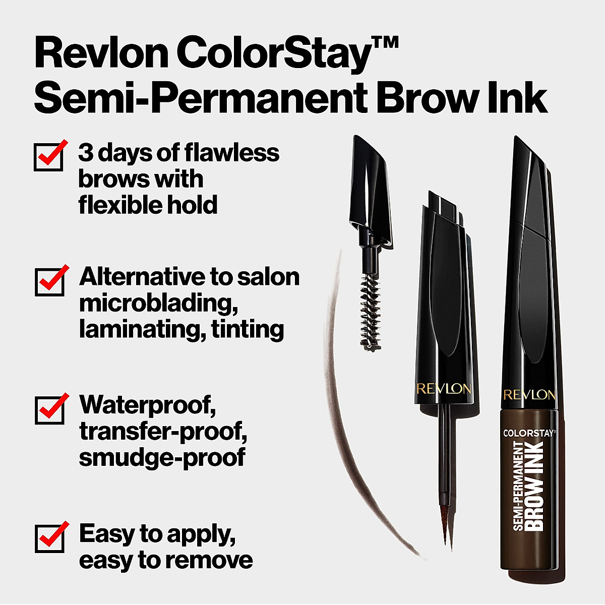 Revlon ColorStay 5-in-1 Semi-Permanent Brow Ink with Spoolie Brush, Waterproof, Transfer-proof, Smudge-proof, Easy to Remove Eyebrow Makeup, 352 Soft Brown Ink, 0.09 fl oz.