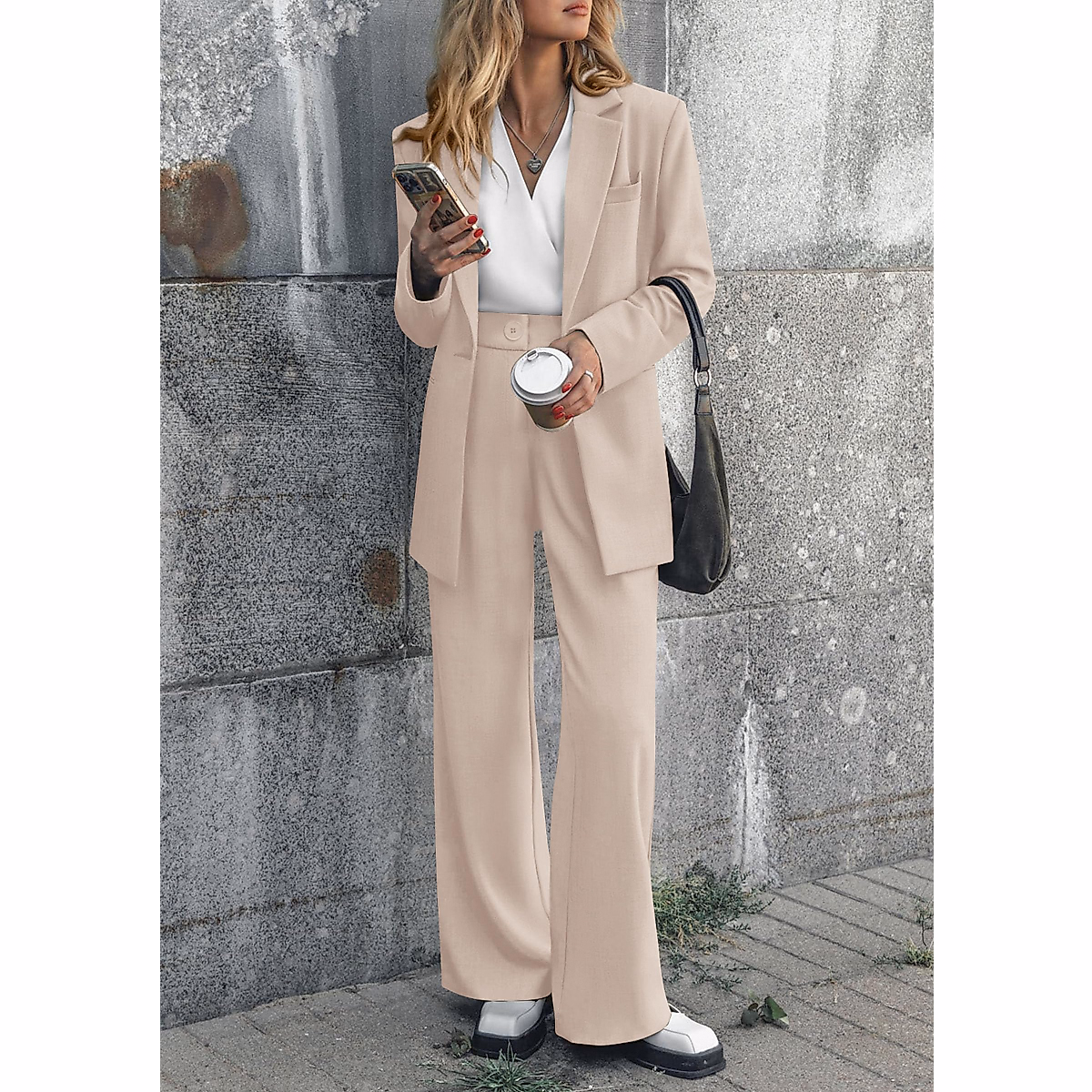 PRETTYGARDEN Women's 2024 Fall Two Piece Outfits Blazer Jacket and Wide Leg Pants Pockets Business Casual Suit Sets (Beige,Small)