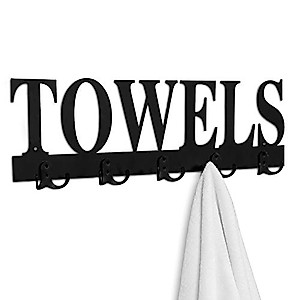 MyGift Wall Mounted Black Metal Towel Rack with 5 Dual Hooks and Cut Out Towels Design, Decorative Hanging Towel Hooks
