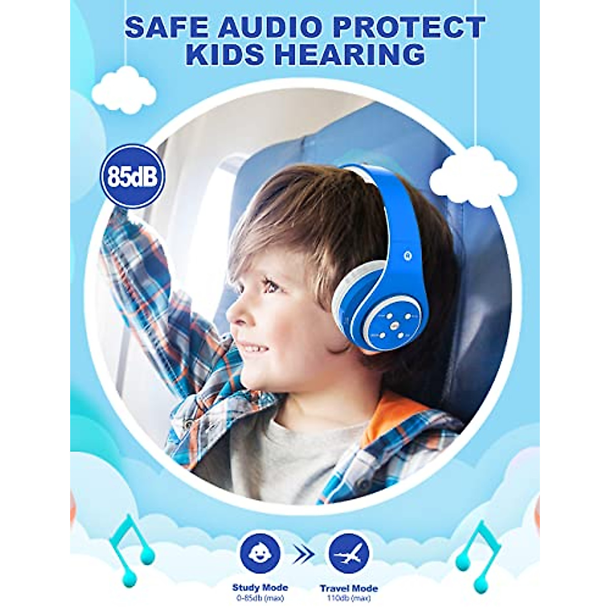 Kids Headphones Bluetooth Wireless 85db/110db Volume Limit Headset Fit for Aged 3-21 Over-Ear and Build-in Mic Wired & SD Card Mode Headphones for Boys Girls Travel School Phone Pad Tablet PC Blue