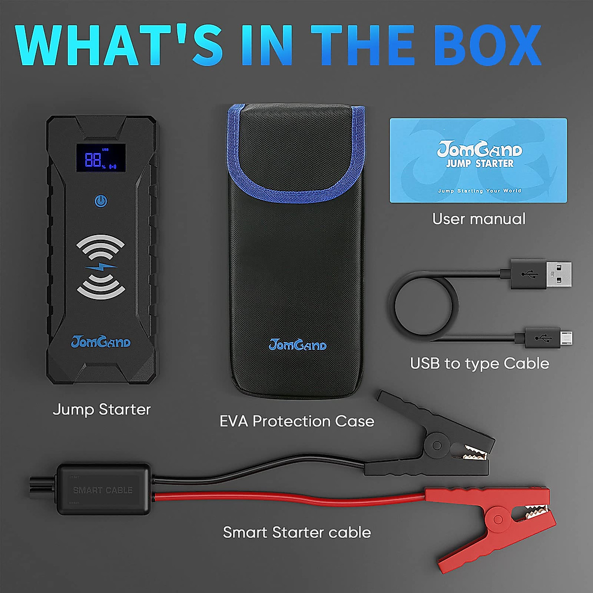 JOMGAND JW401 Jump Starter 2000A Car Battery Charger 22000mAh 12V Lithium Car Battery Booster Pack Portable Car Jump Starter with Wireless Charger Up to 8L Gas and 6L Diesel Engines