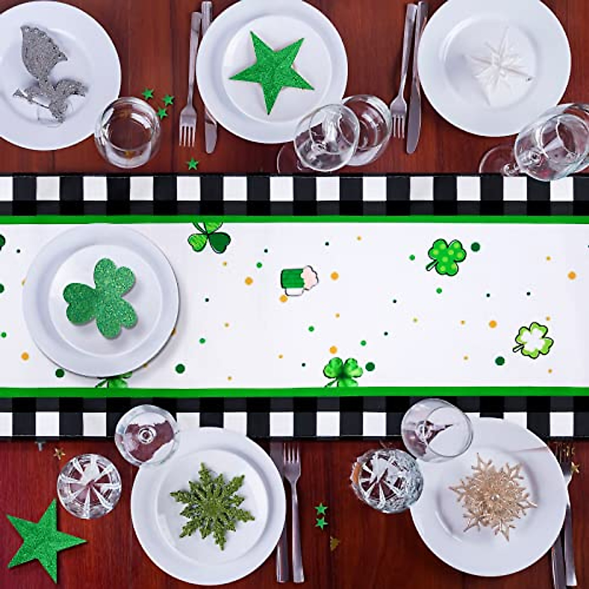 St Patricks Day Table Runner 72 Inches Long, Buffalo Plaid Gnome Shamrock Runner for Table Decorations