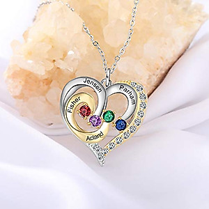GLAMCARAT 18k gold over Silver Birthstone Heart Shaped engraved necklace with 4 Birthstones, Engraved Names personalized women jewelry engraved child names mothers necklace sister grandma