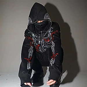 Creaion Bones Skeleton Rhinestone Graphic Y2k Hoodies Full Zip Up Hoodie over Face Rib Cage Jacket Oversized Hip Hop Streetwear Sweatshirt