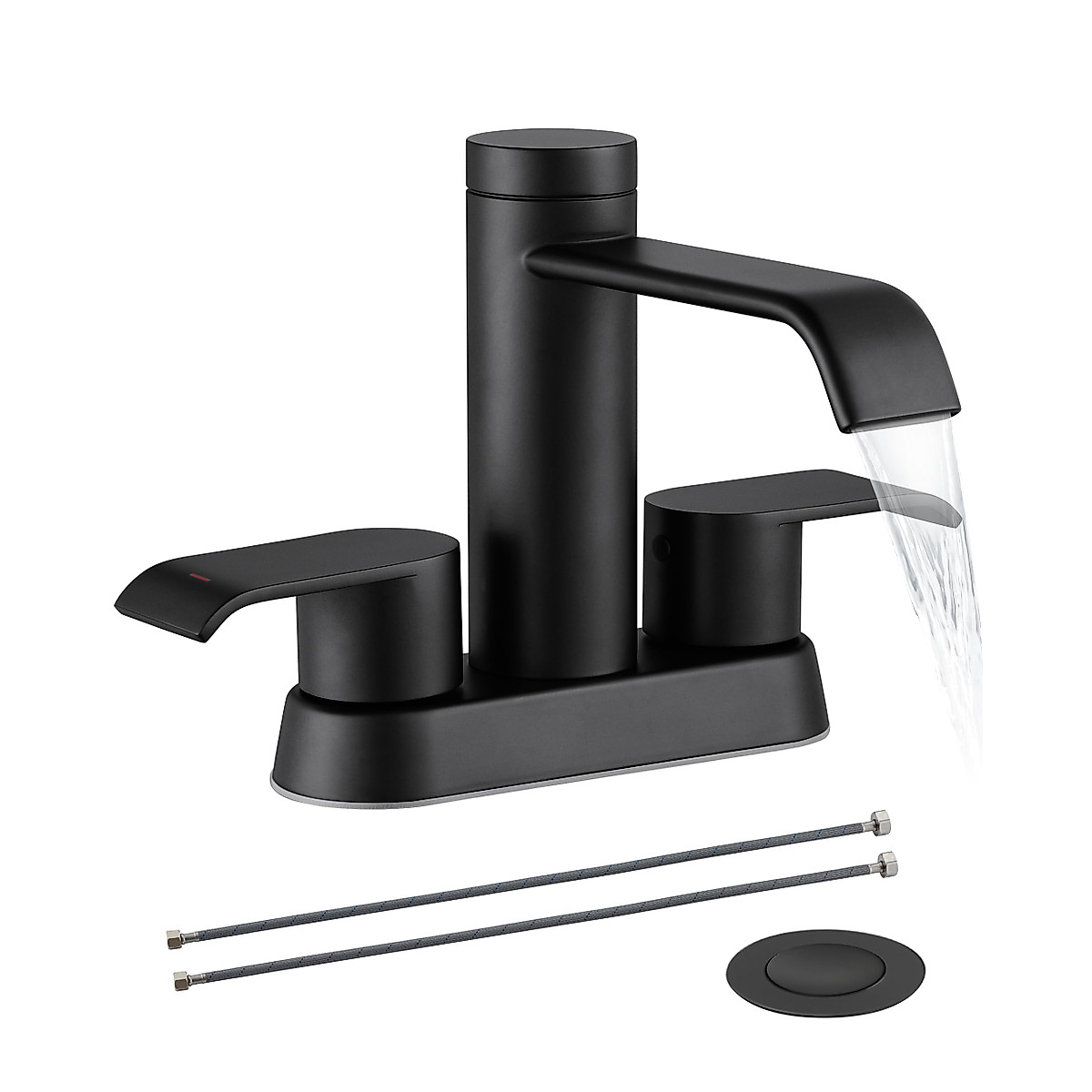 Matte Black Waterfall Bathroom Sink Faucet - HEISOK 4 Inch Bathroom Faucet with Overflow Pop Up Drain & Supply Hose, Stainless Steel 2 Handles Centerset Lavatory Vanity Bath Faucet for 2 or 3 Hole