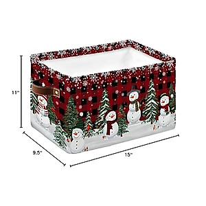 Storage Bins Large Storage Basket,Christmas Snowman and Tree in Snow Collapsible Storage Bins with Handle,Red and Black Buffalo Plaid Storage Baskets Cube Organizer for Shelves Closet Nursery 1PCS