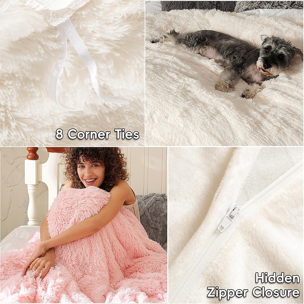 PHF Shaggy Fluffy Faux Fur Duvet Cover Set King Size,Luxury Warm Plush Comforter Cover for Winter Fall,3PCS Soft Lightweight Velvet Cozy Bedding Set with Furry Pillowcases,Aesthetic Room Decor,Cream