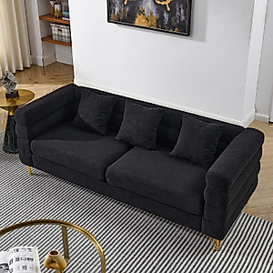 Comfy 3 Seater Sofa, 81-inch Oversized Boucle Couch with Deep Seat Design, Upholstered Sofa Couch with 2 Pillows, Modern Living Room Sofa with Stylish Metal Legs for Office, Waiting Room, Black Teddy