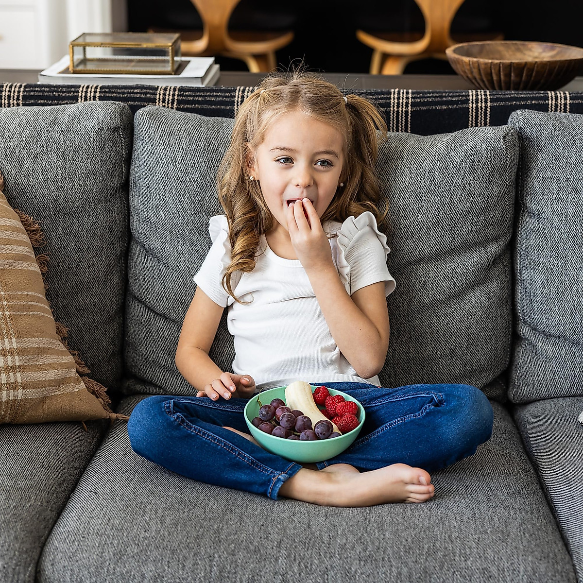 Grow Forward Wheat Straw Kids Plates and Bowls Sets - 8-Piece Unbreakable Dishwasher & Microwave Safe Plastic Plates for Kids - Reusable Non Toxic BPA-Free Dinnerware for Children - Rainforest