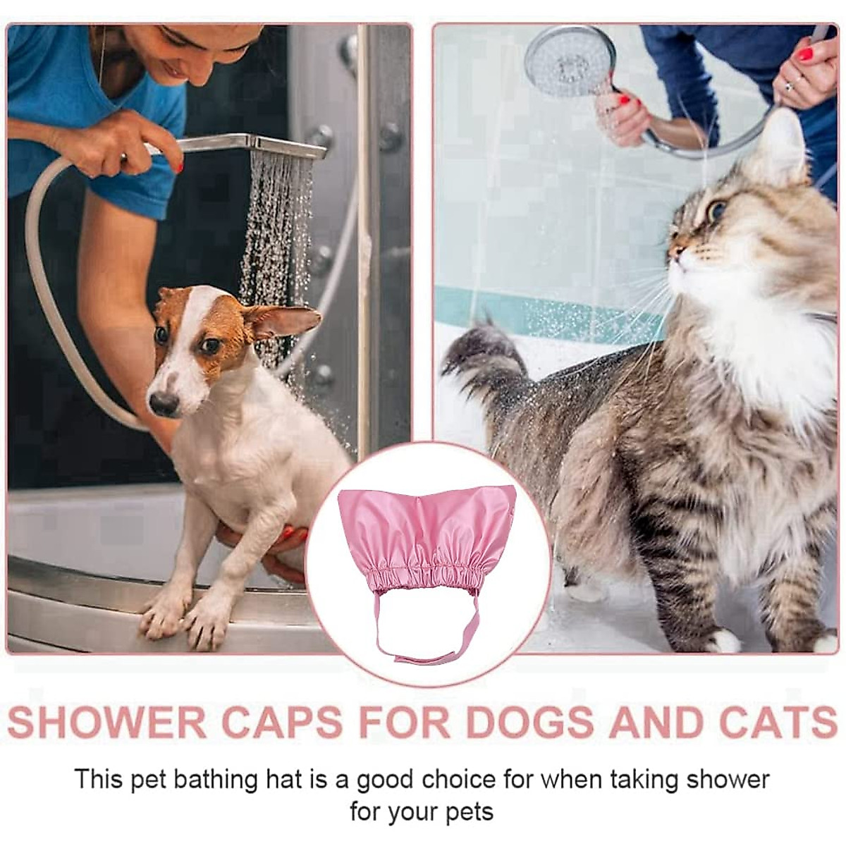 Pet Shower Cap - Waterproof Reusable Bath Ear Covers with Adjustable Strap Prevent Water in Ears Elastic Headgear for Cat Dog Kitten Puppy (S (10.2''-13.4''), Pink)