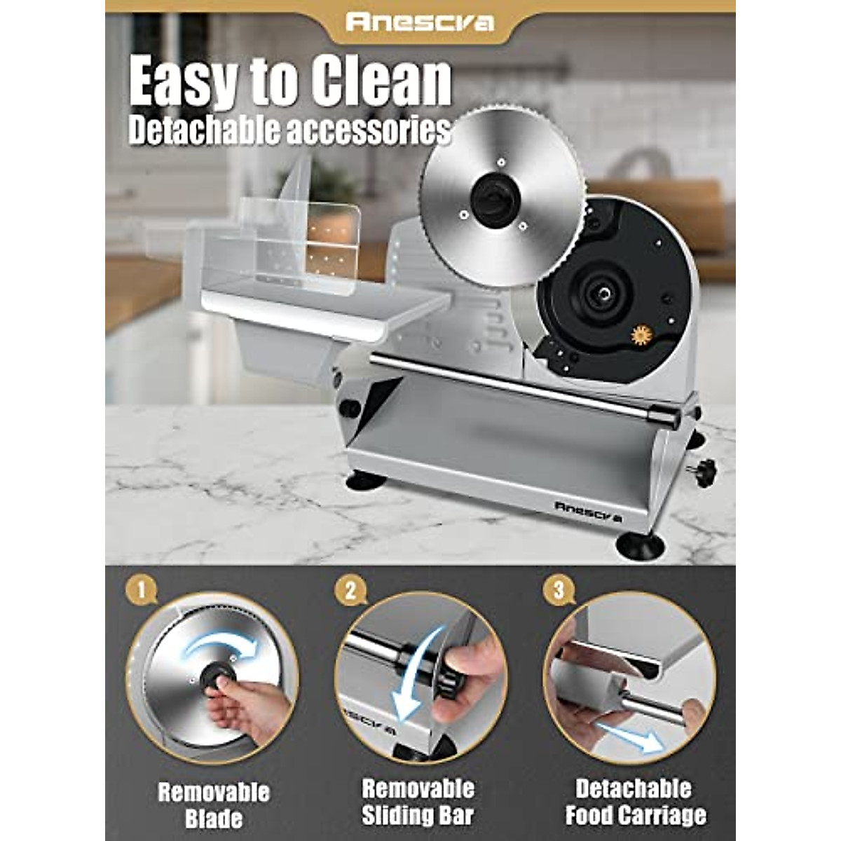 Meat Slicer, Anescra 200W Electric Deli Food Slicer with Two Removable 7.5’’ Stainless Steel Blades and Food Carriage, 0-15mm Adjustable Thickness Meat Slicer for Home, Food Slicer Machine- Silver