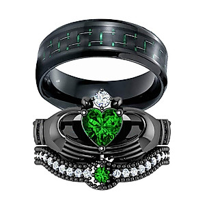 wedding ring set His Hers Couples Matching Rings Women's Claddagh Black Gold Plated Heart CZ Wedding Engagement Ring Bridal Sets & Men's Stainless Steel Wedding Band