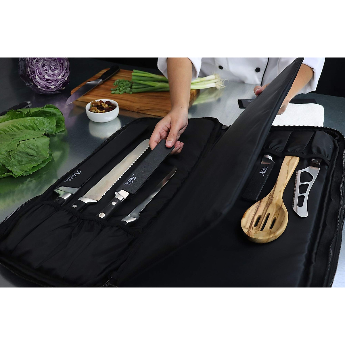 Waxed Canvas Chef Knife Bag Holds 19 Knives PLUS Knife Steel Meat Cleaver and Large Storage Compartments! Our Most Durable Professional Line Knife Carrier Includes Custom Padlock! (Bag Only) (Black)