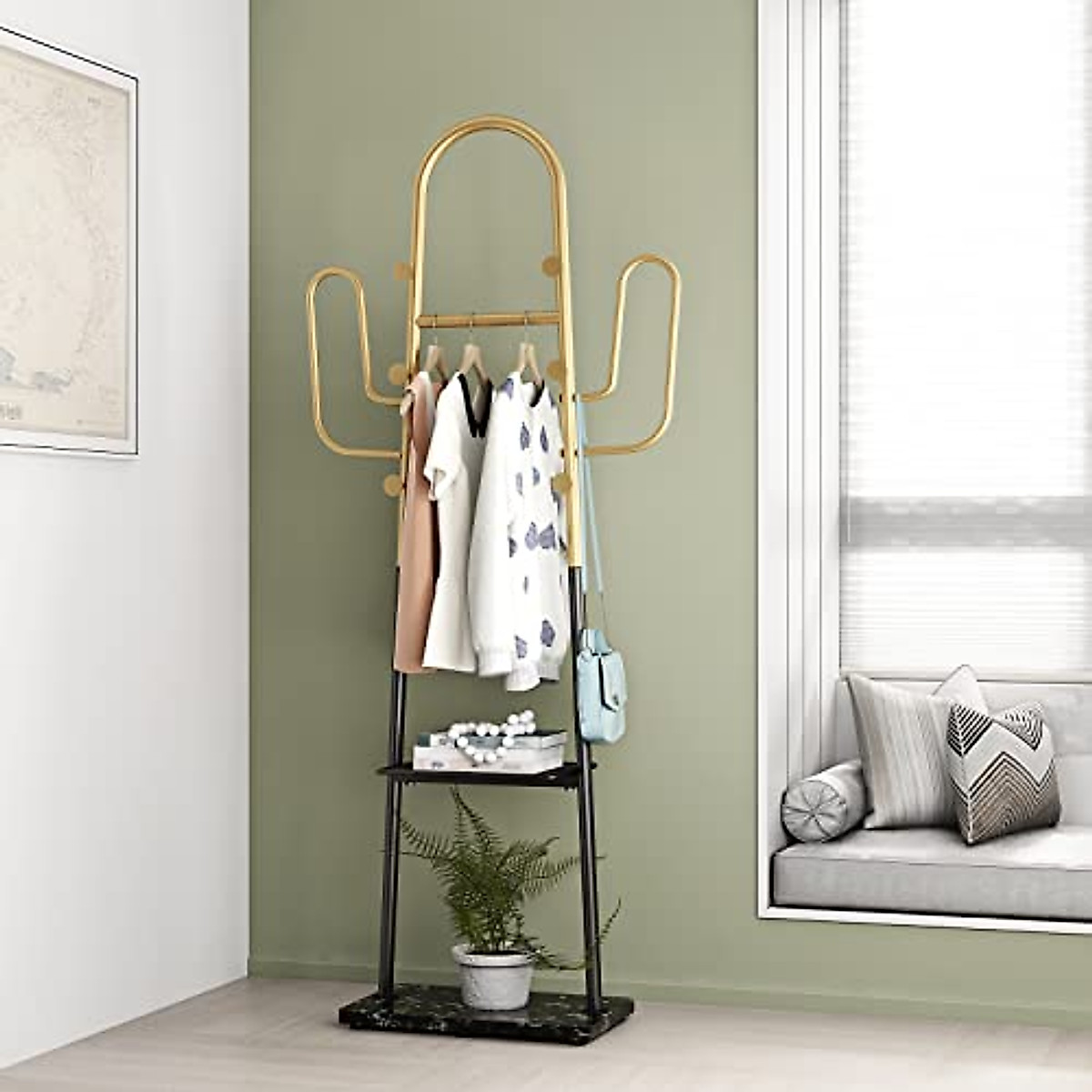 TDDFLO Gold Clothing Rack, Modern Clothing Rack with Shelf, Standing Coat Rack, 2-in-1 Garment Rack