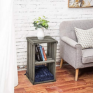 MyGift Dark Gray Solid Wood Small End Table Side Table, 2 Tier Crate Design Nightstand Storage Display Shelf Organizer Accent Furniture