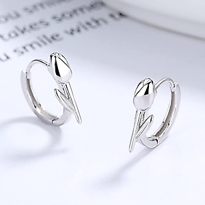 Minimalist Tulip Flower Small Hoop Earrings Sterling Silver 925 Cartilage Earrings Round Huggie Hoops Hinged Hypoallergenic Ear Jewelry Gifts for Women (White Gold)