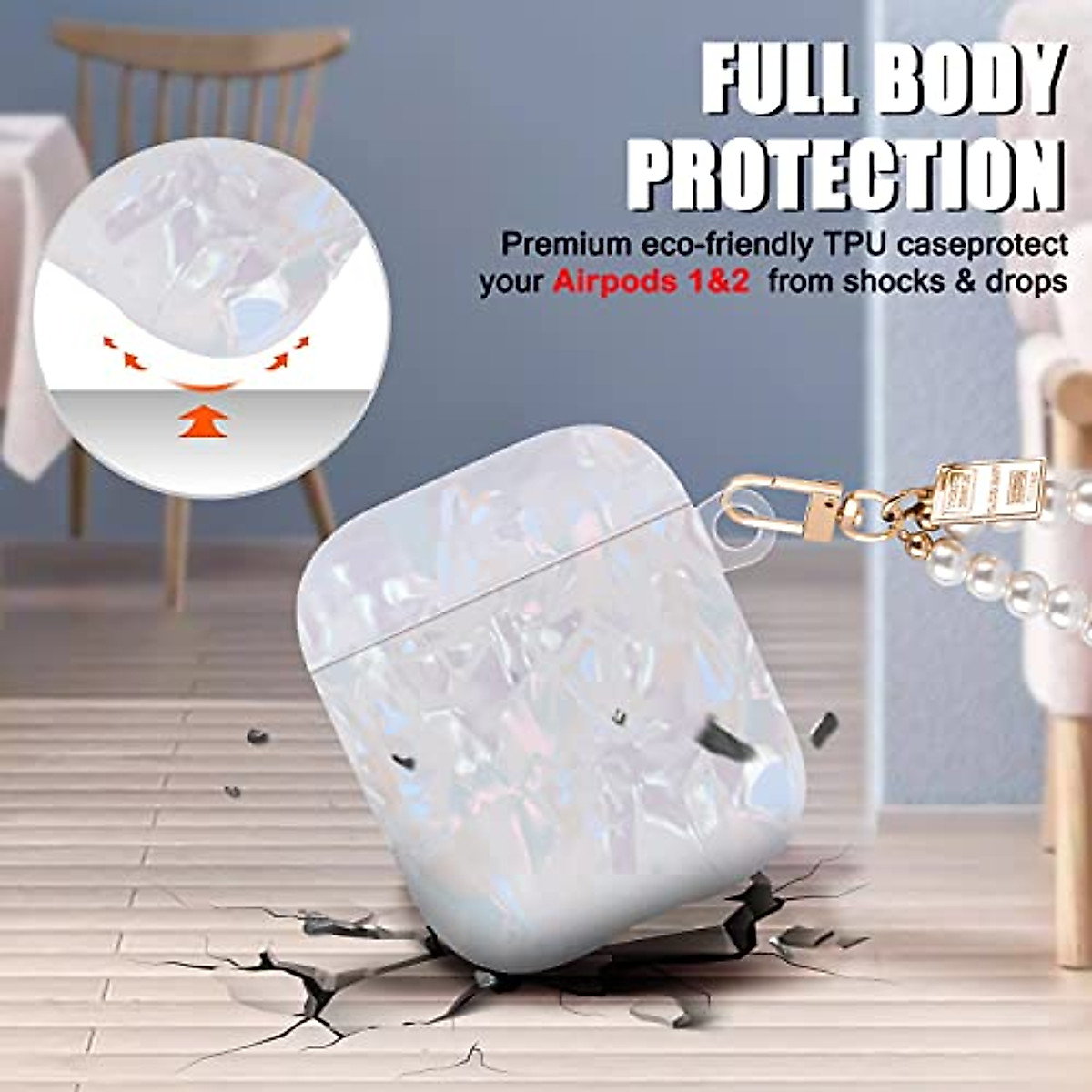 Glitter Shell Design Case for AirPods 1/2 with Pearl Wrist Chain Keychain,Colorful Sparkle Bling Pretty Cute Protective Skin Cover for Airpods 2nd Generation TPU Shock Proof for Women Girls -White