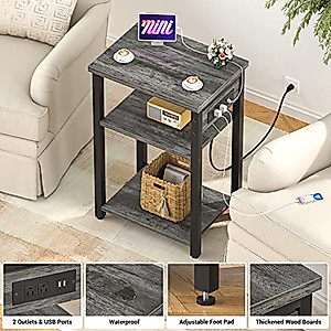 Aheaplus Sofa End/ Side Table Set of 2 with Charging Station, USB Ports & Outlets, 3 Tier Slim Narrow Bedside Nightstand with Storage Shelf for Bedroom, Living Room, Grey Oak