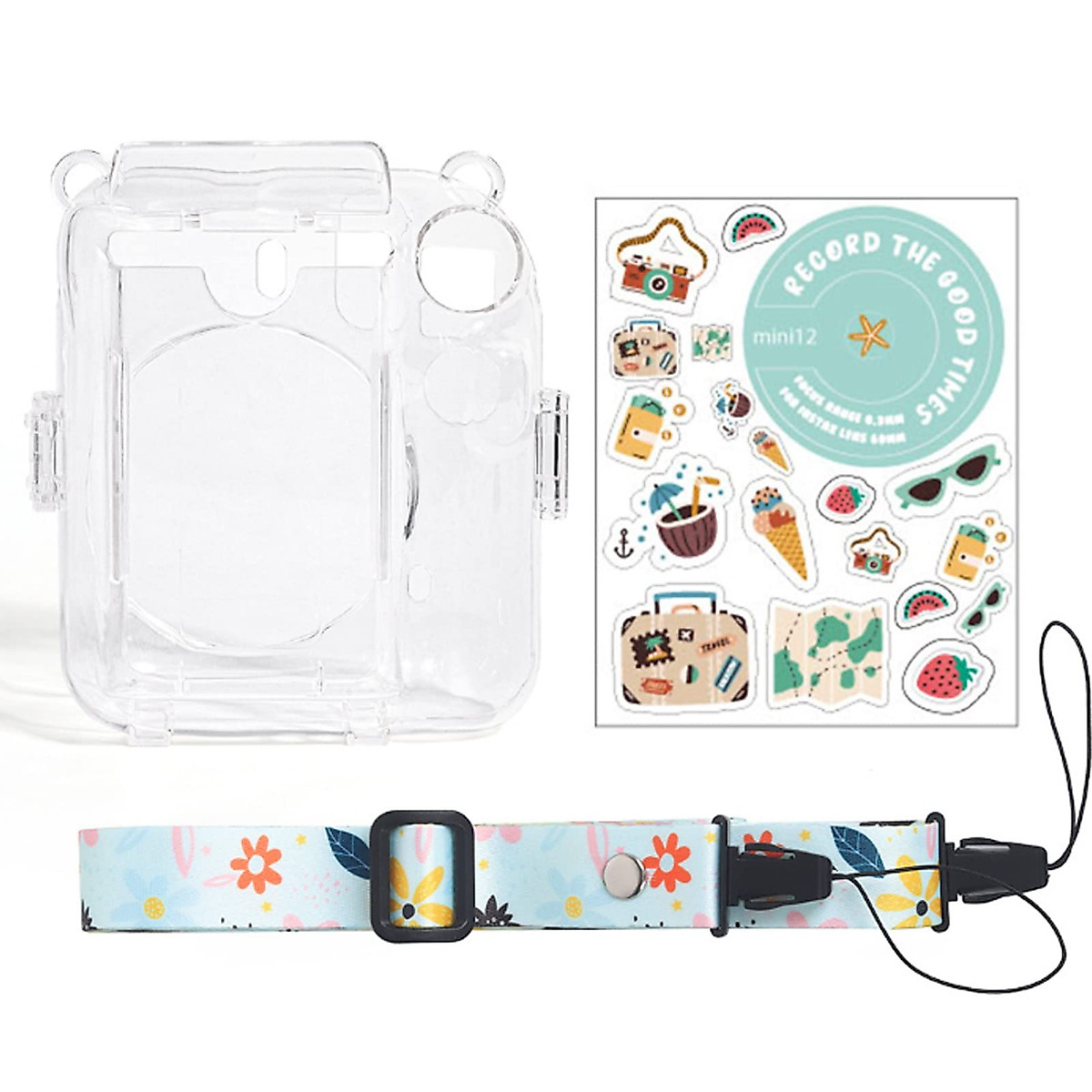 Kimyoaee Mini12 Clear Case Bundle Set for Fujifilm Instax Mini 12 Instant Camera Accessories with Films Pocket Picture Holder, Sticker Decal, Adjustable Shoulder Strap