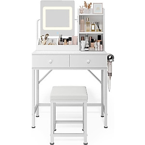 Gizoon Vanity Desk with Mirror and Lights Makeup Vanity Desk with Lights and Chair Small Vanity Table with Drawers for Girls Kids and Women in Bedroom Bathroom and Closet Room, White
