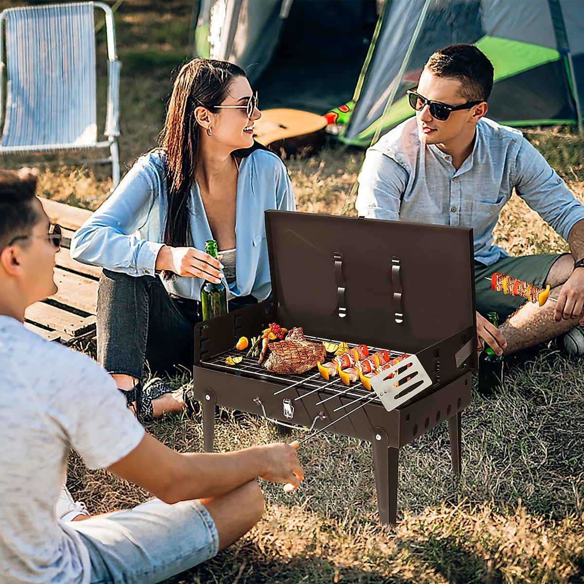 Outvita Portable Charcoal Grill, Outdoor Foldable BBQ Grill with Barbecue Accessories & Lid for Cooking Camping Picnic Hiking Beach Party Patio Smokers, Height Adjustable for 3 to 5 People