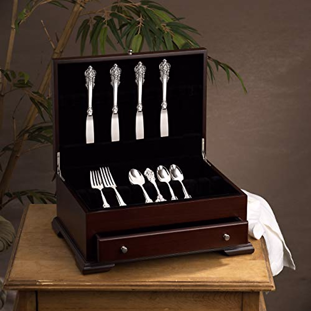 Wallace Dark Walnut Single Drawer Footed Flatware Storage Chest