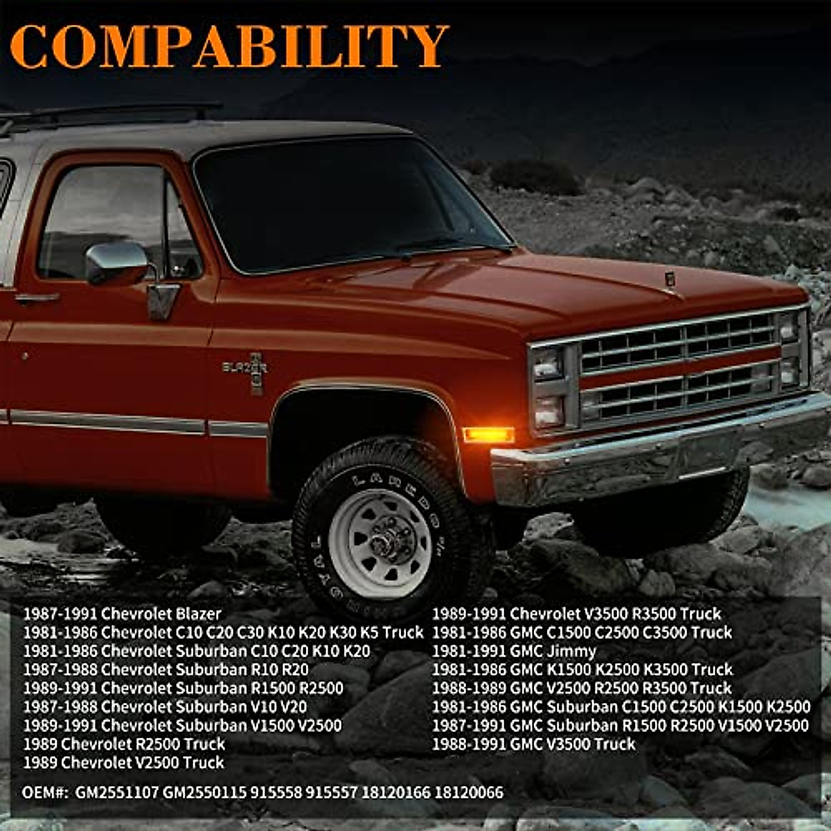 POPMOTORZ Front Fender Side Marker Lights, Led Amber Bumper Turn Side Signal Lamps for 1981-1991 Chevy Pickup Truck Blazer/Suburban/GMC GM2551107 GM2550115 915558 915557 18120166 18120066-Clear Lens