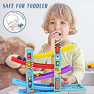 Montessori Toys for Toddlers, Children Race Track Toy with 4 Cars and 1 Wooden Parking Lot, Stable Base, Car Ramp Toy for 1 2 3 Year Old Boy Girl Gifts