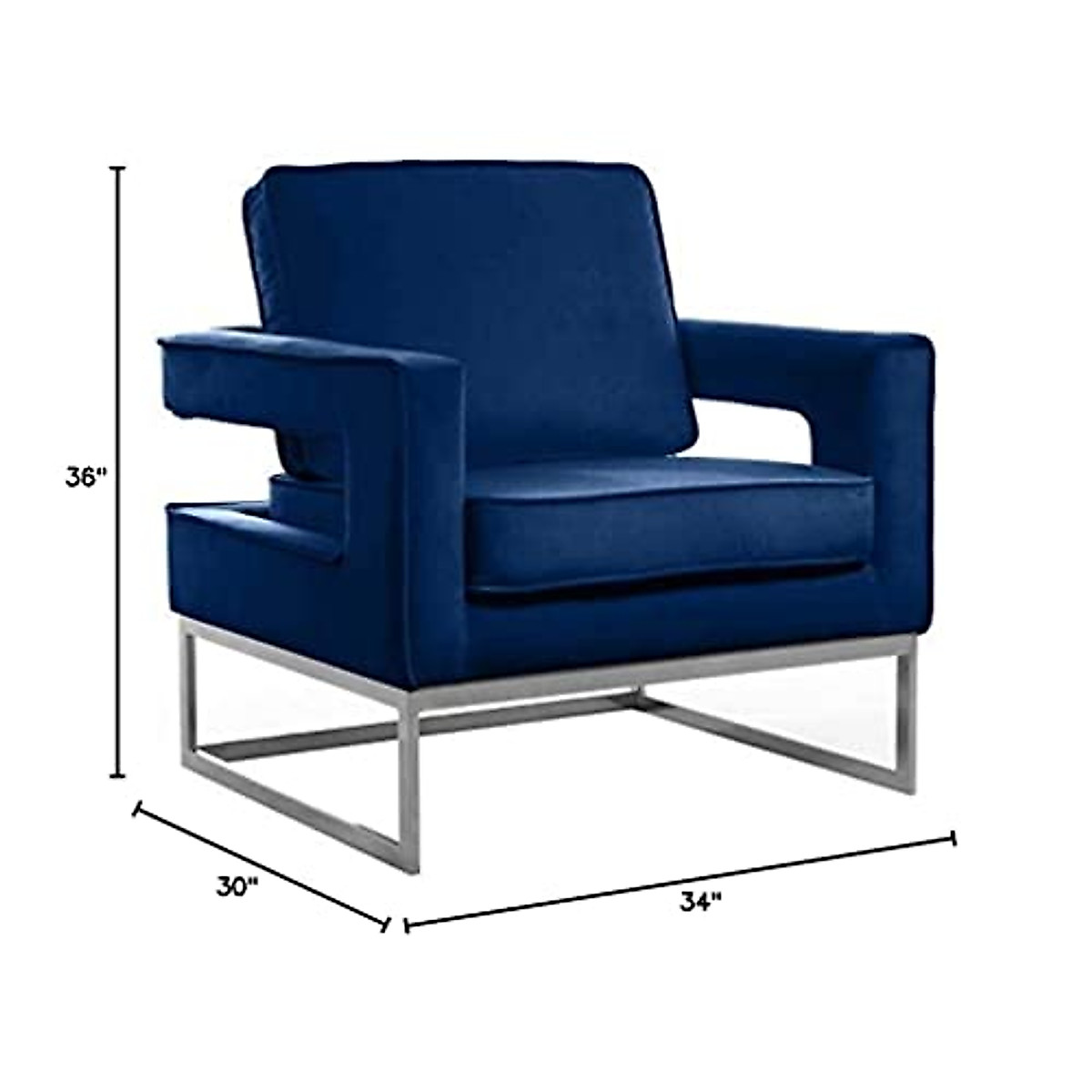 Meridian Furniture Noah Collection Modern | Contemporary Velvet Upholstered Accent Chair with Durable Stainless Steel Base, Navy, Chrome Base