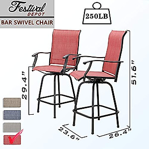 Festival Depot 2pcs Patio Dining Set Bar Height Stools Swivel Chairs with Armrest All Weather Metal Outdoor Furniture for Bistro Yard (Red)