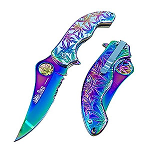 Super Knife 7.5" Rainbow Leaf Spring Assisted EDC Folding Lexury Pocket knife