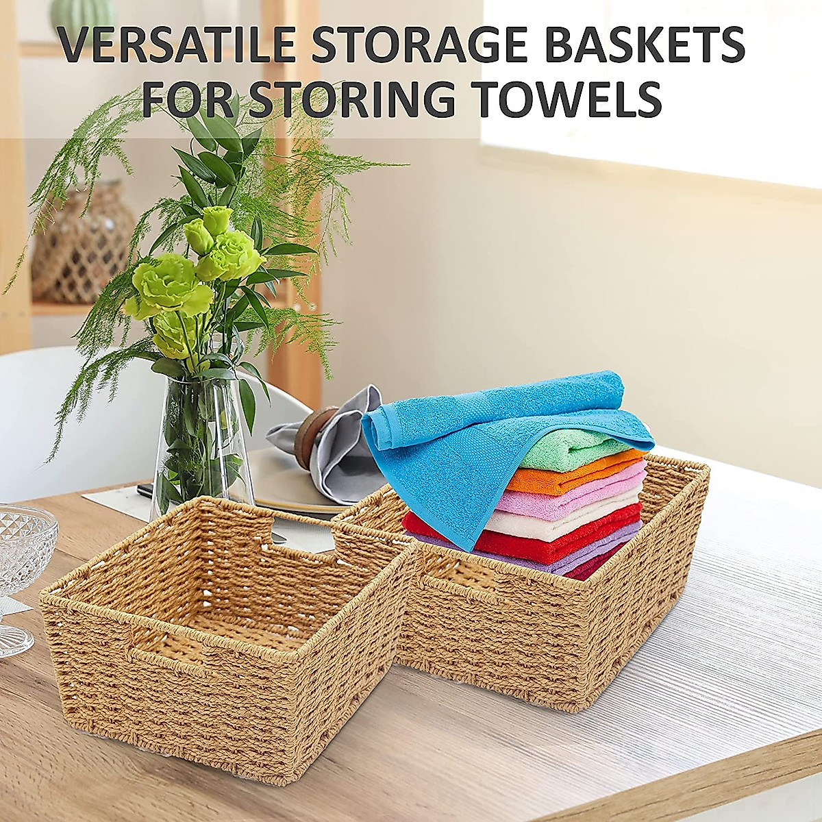 Kovot Woven Wicker Storage Baskets with Built-in Carry Handles - 9.75" L x 8.5" W x 4.5" H (2-Pack)